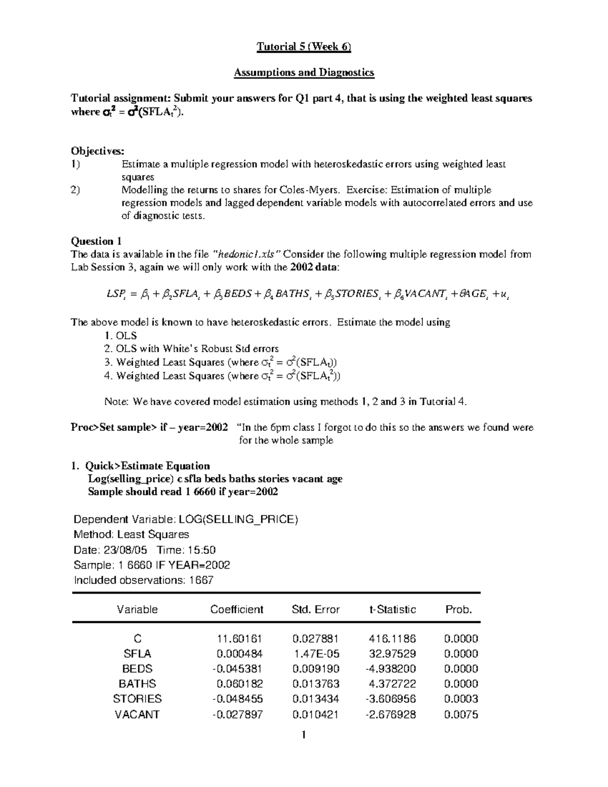 Econ339 Tutorial 5 Answers - Tutorial 5 (Week 6) Assumptions and ...