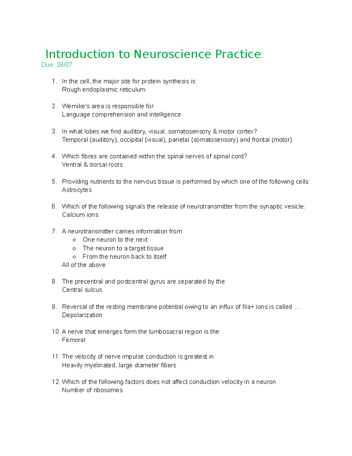BMS255 Quiz - Quiz - Introduction to Neuroscience Practice: Due: 28/ In ...