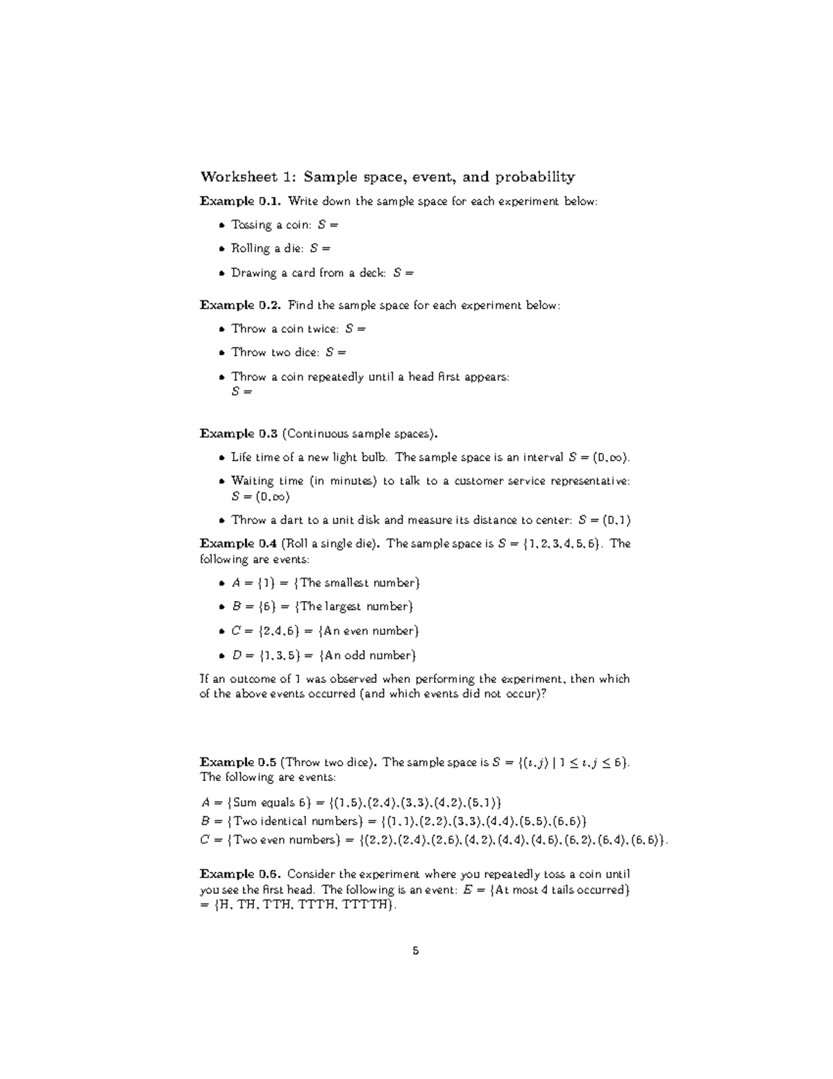 Worksheet 1 - Worksheet 1: Sample space, event, and probability Example ...