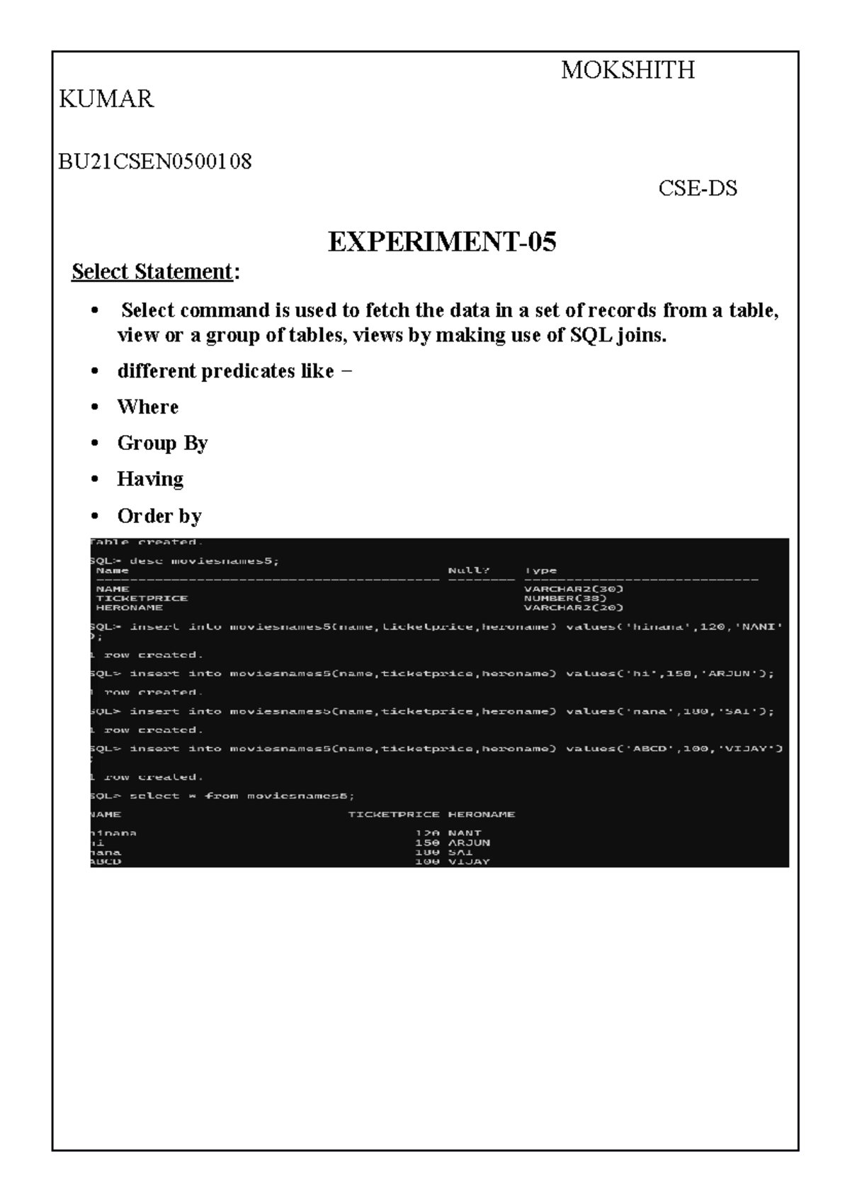 NEW DBMS WORD 5docx - lab experiment - MOKSHITH KUMAR BU21CSEN CSE-DS ...