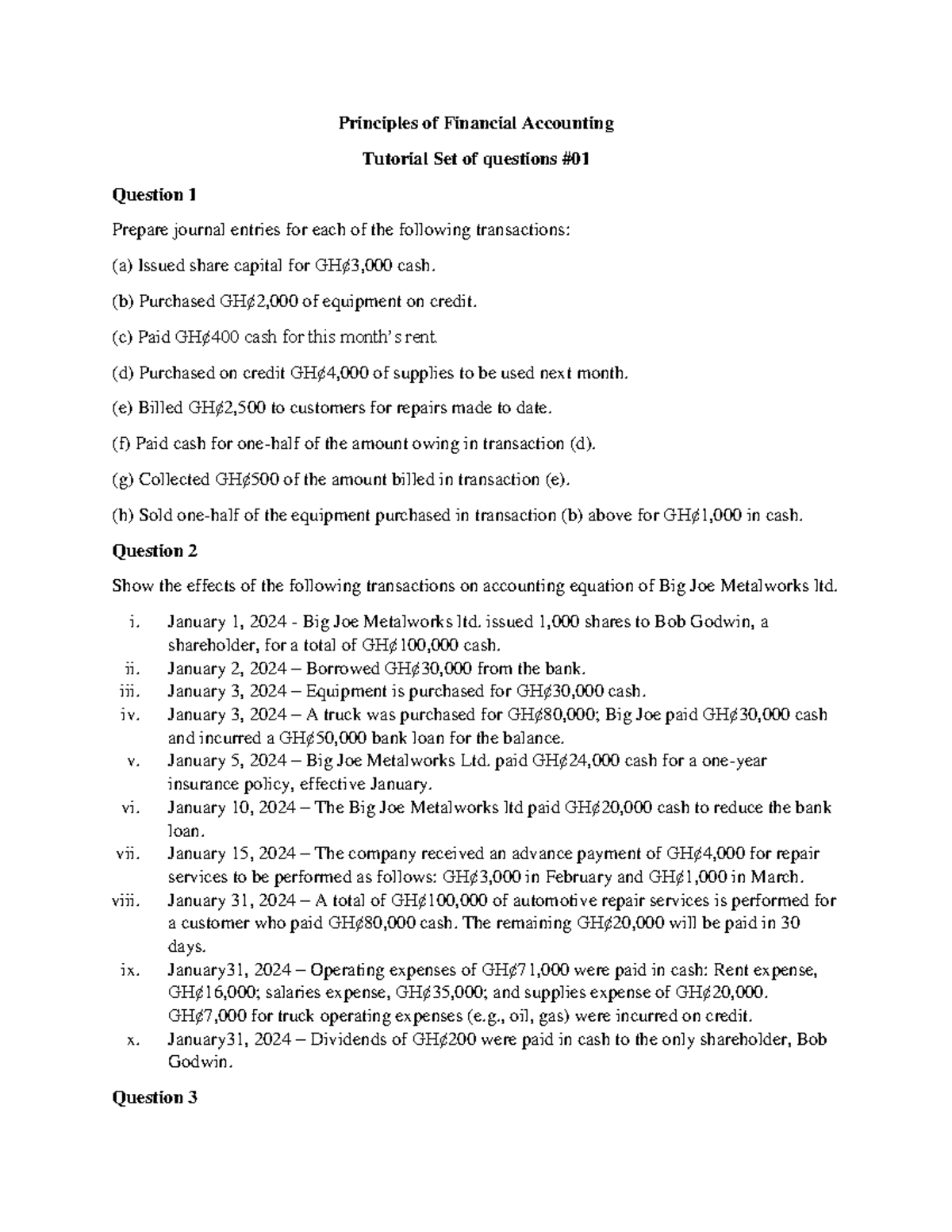 Tutorial Set of Questions - Principles of Financial Accounting Tutorial ...