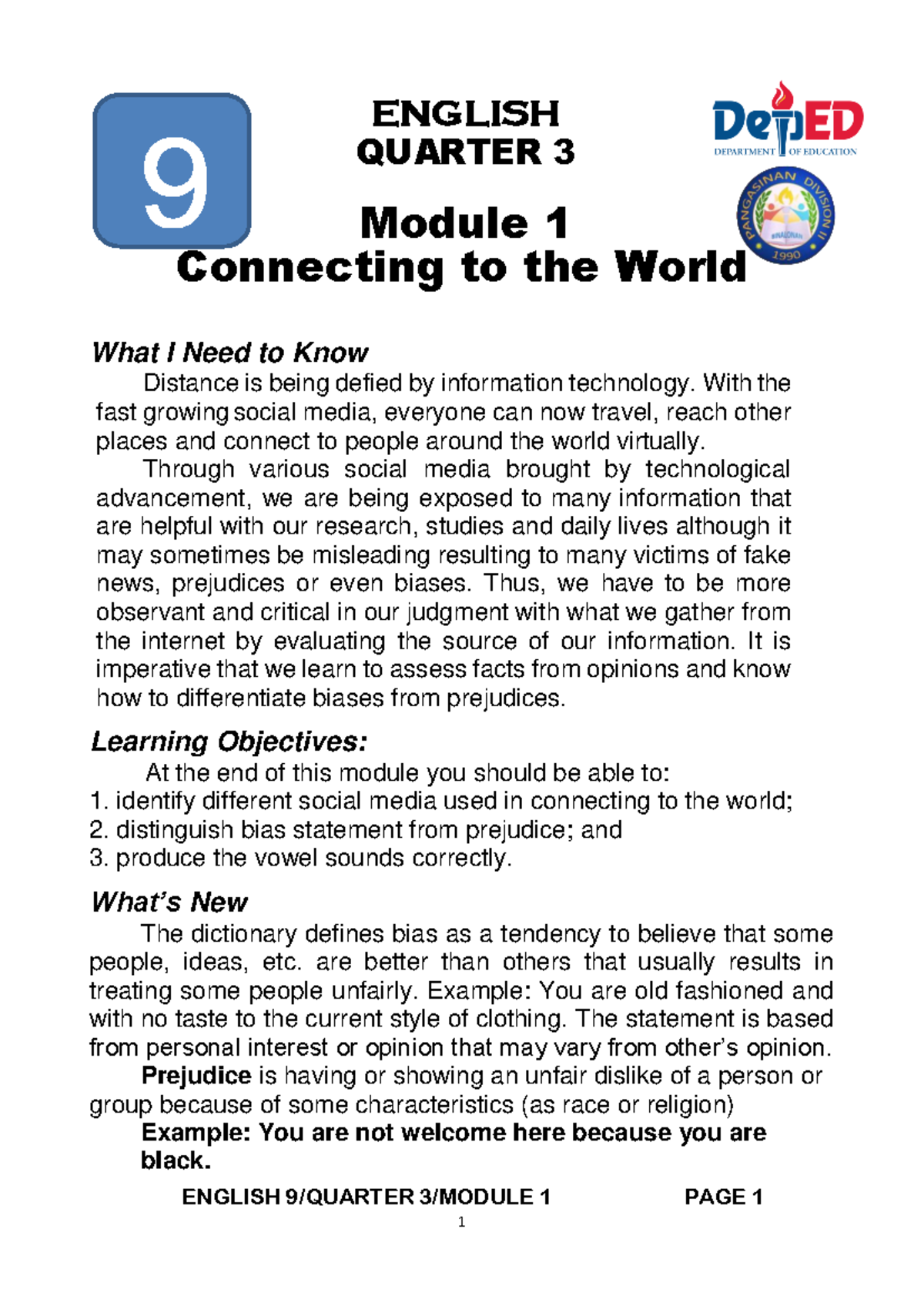 7 Q3 ENG M1 - eng module for g7 - 1 QUARTER 3 Module 1 Connecting to the World What I Need to ...