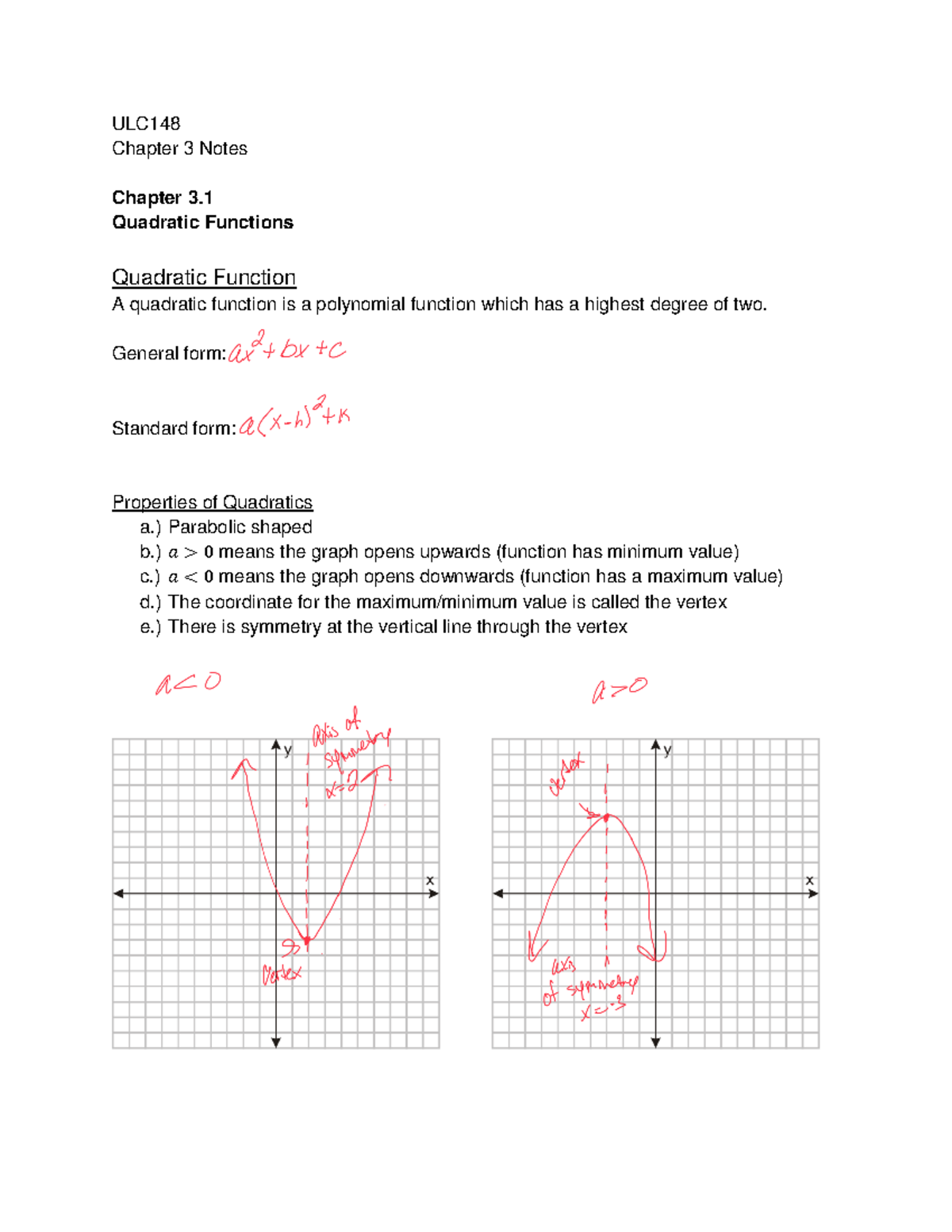 ULC148 Ch3 - Quadratic function - ULC Chapter 3 Notes Chapter 3 ...