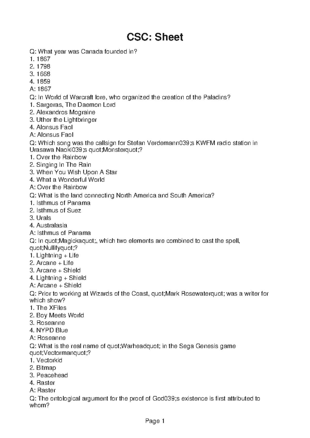 CSC112 Image 7 - CSC: Sheet Q: What year was Canada founded in? 1867 ...