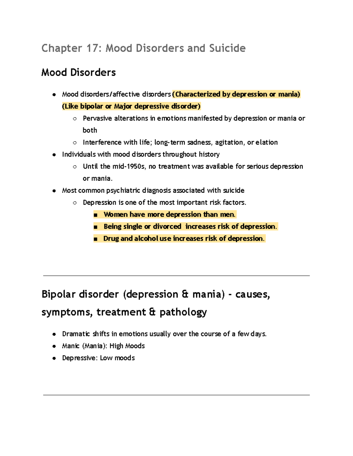NUR 162 Inclass notes- Chapter 17- Mood Disorders and Suicide - Chapter ...