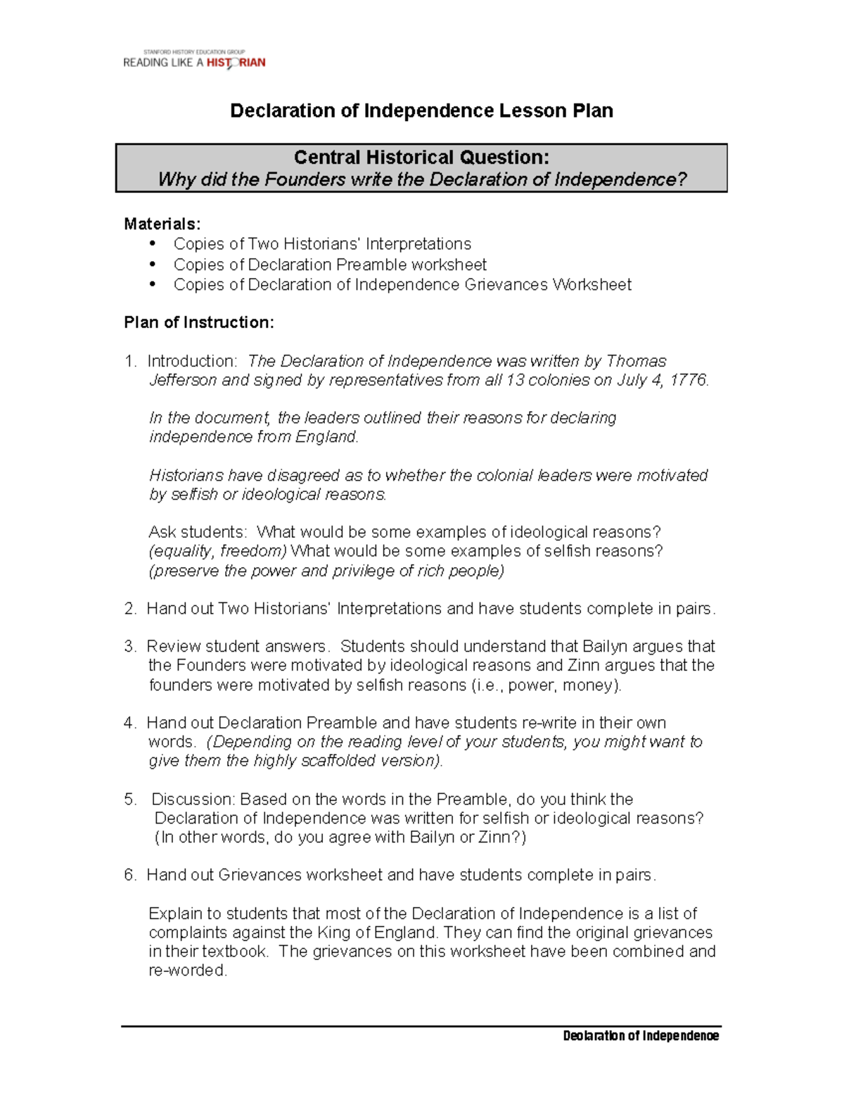 Declaration of Independence Lesson Plan 0 - Declaration of Independence ...