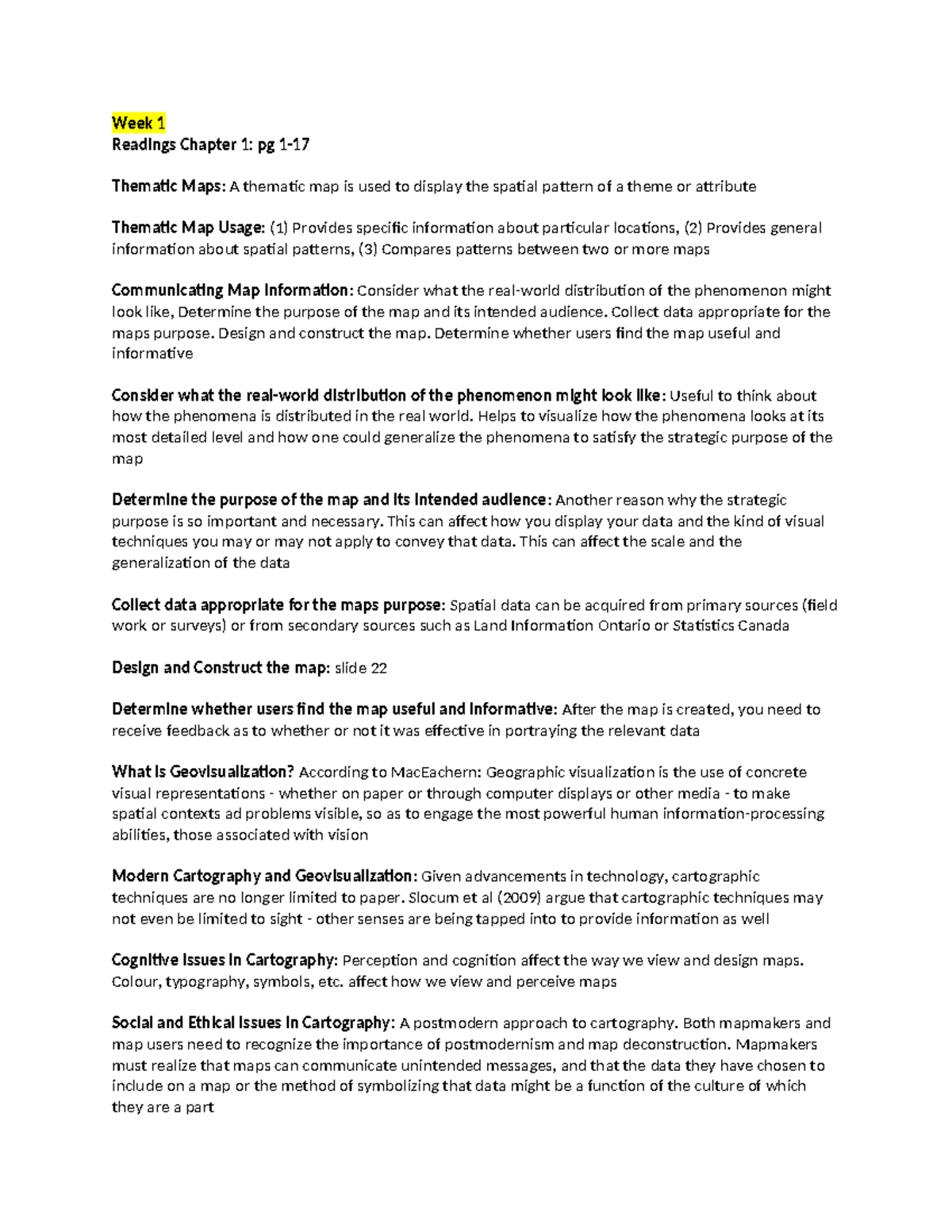 GIS Test 1 - GIS Test 1 Notes - Readings Chapter 1: pg 1- Thematic Maps ...