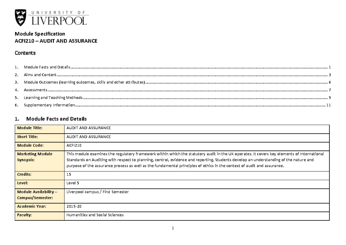 Module Specification - Audit - ACFI210 - Liverpool - Studocu