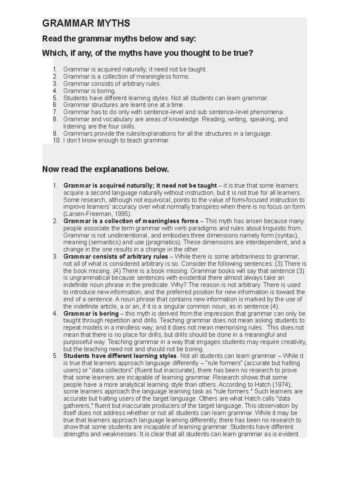 Grammar Myths - GRAMMAR MYTHS Read the grammar myths below and say ...