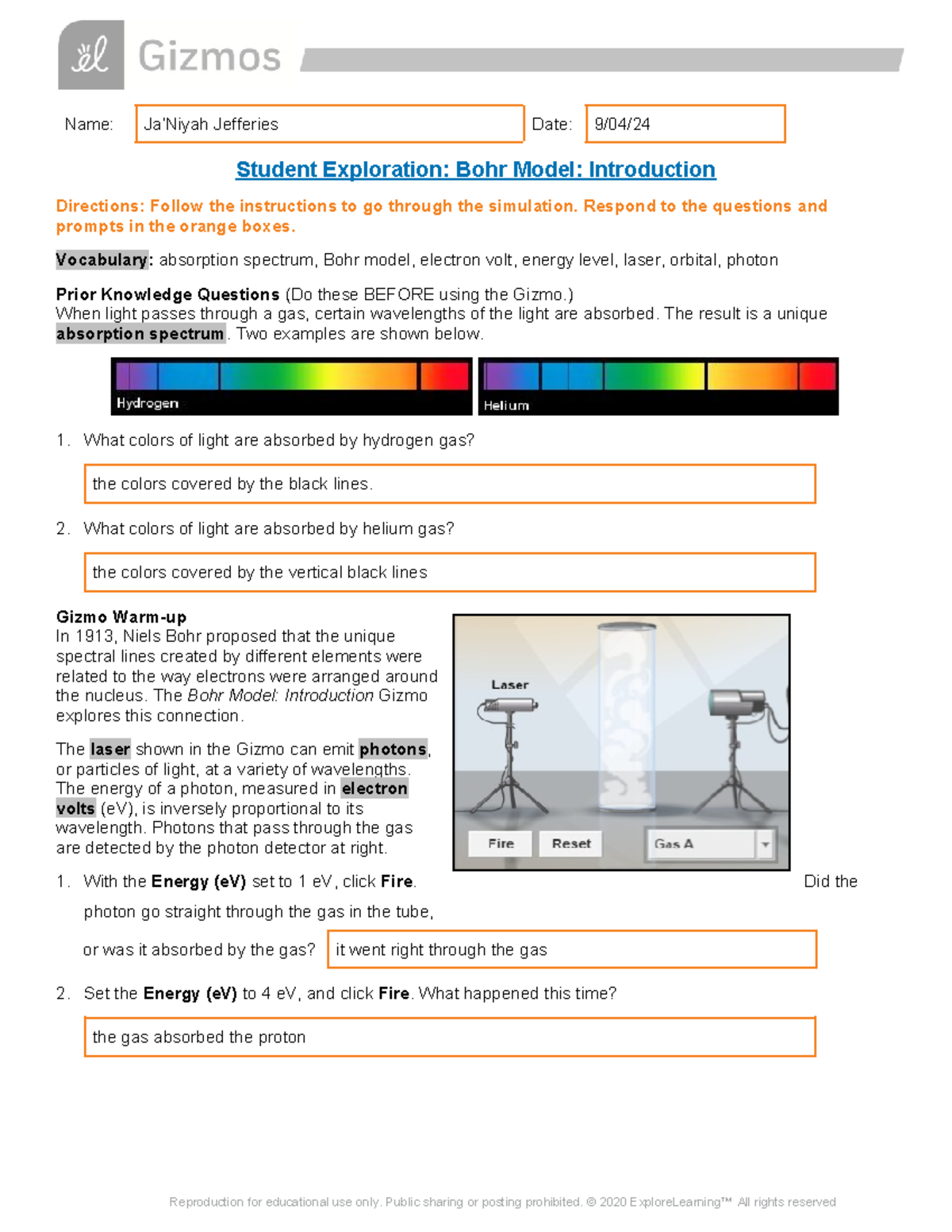 Bohr Model Intro SE - ifk - Name: Ja’Niyah Jefferies Date: 9/04 ...