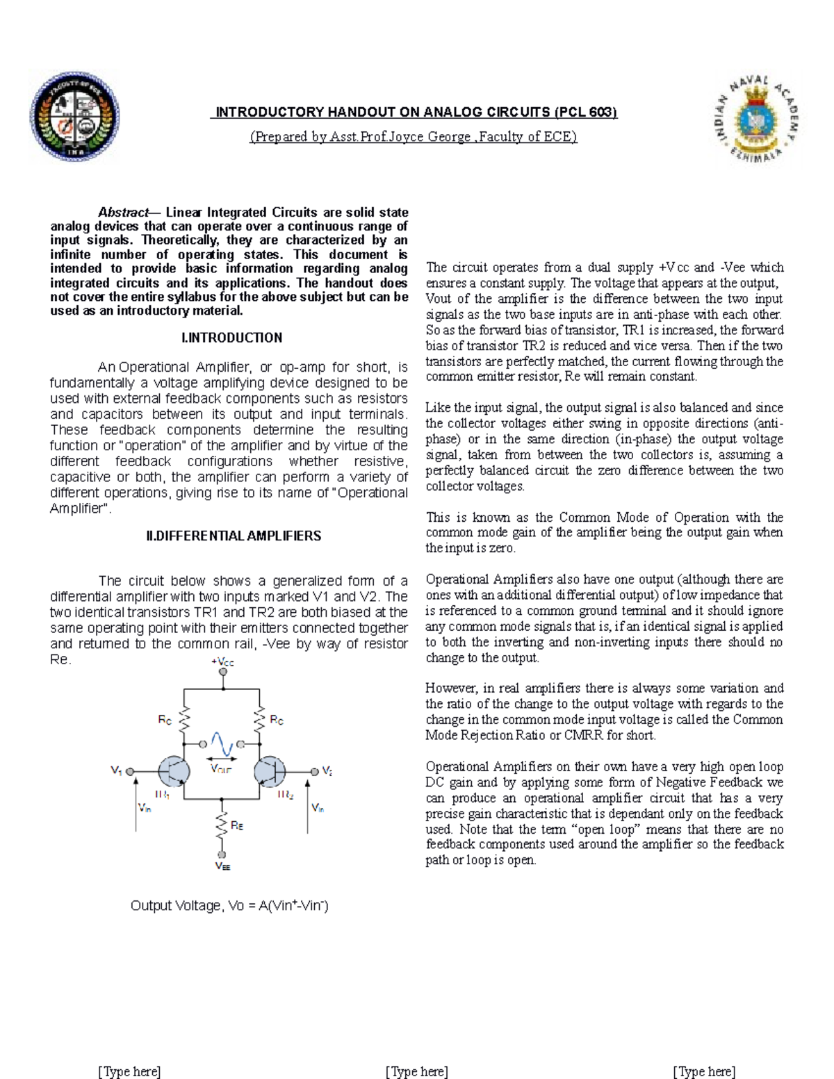 Analog electronics handout (Repaired) - INTRODUCTORY HANDOUT ON ANALOG CIRCUITS (PCL 603 ...