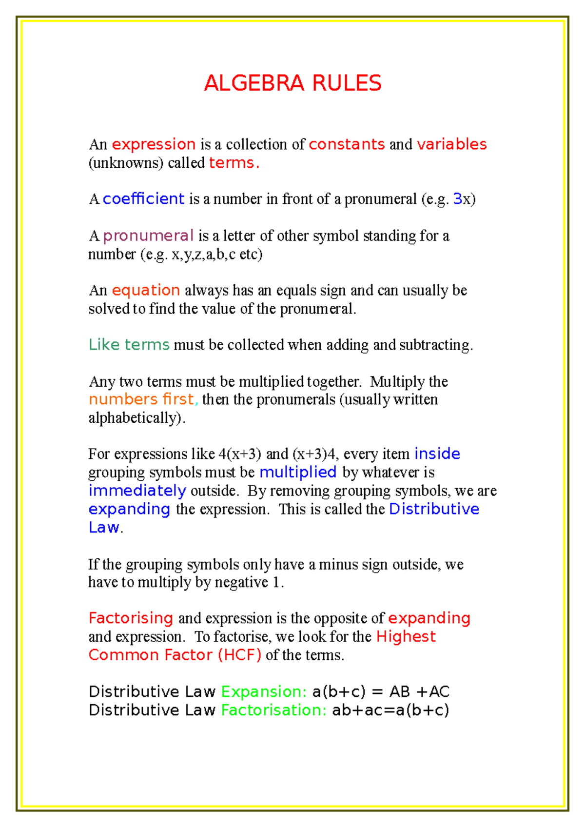 Algebra Rules-1 - notes - ALGEBRA RULES An expression is a collection ...