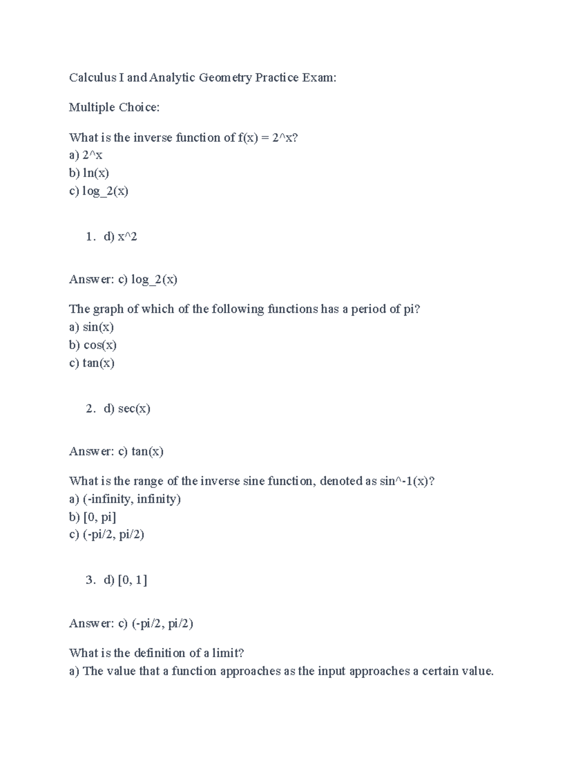 Ma 161 Practice Exam 1 Calculus I And Analytic Geometry Practice Exam Multiple Choice What