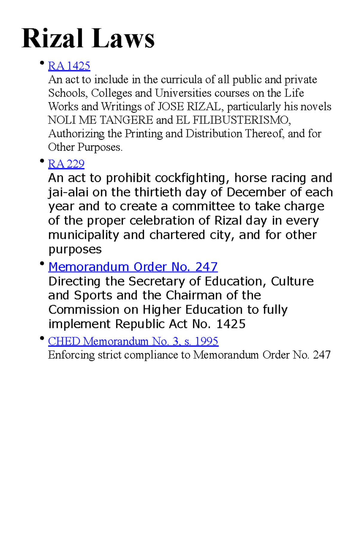 0 Rizal Laws and other pertinent laws - Rizal Laws RA 1425 An act to ...