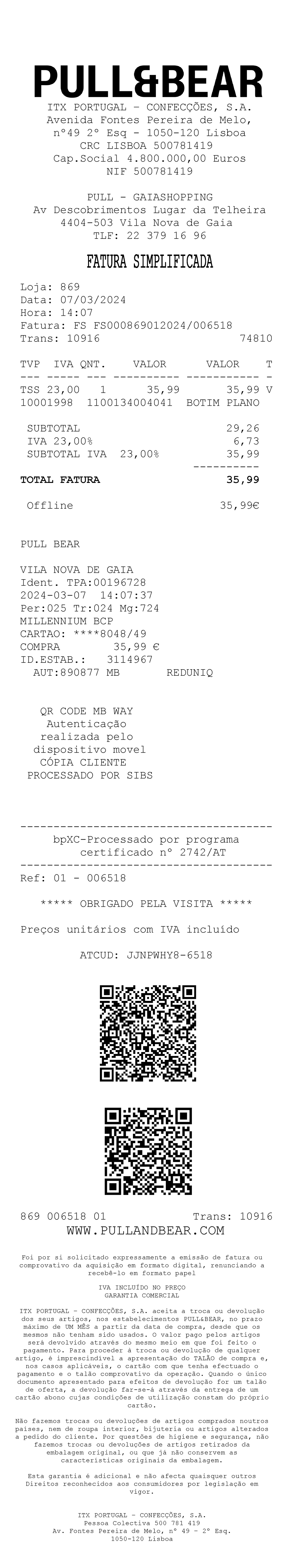 Document - talão - ITX PORTUGAL – CONFECÇÕES, S. Avenida Fontes Pereira ...