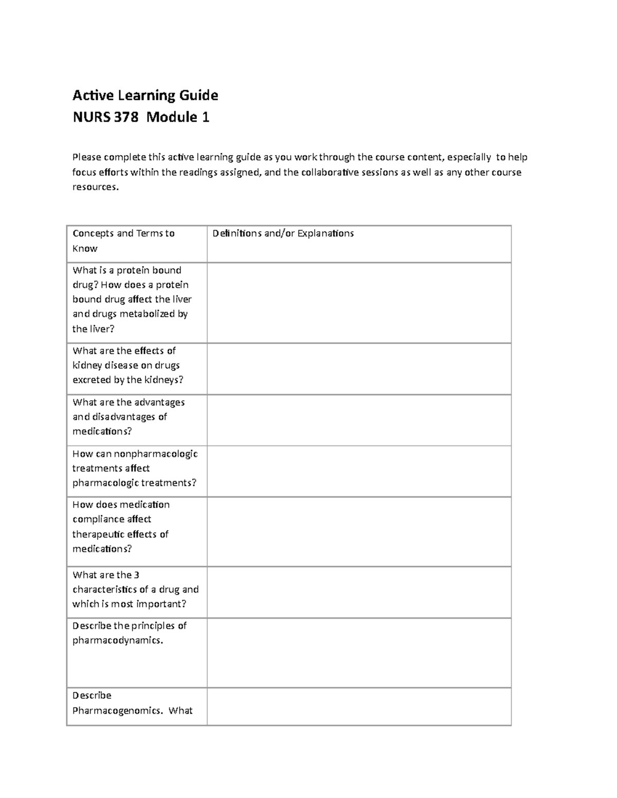 Active Learning Guide Module 1 NUR378 Pharm - Active Learning Guide ...