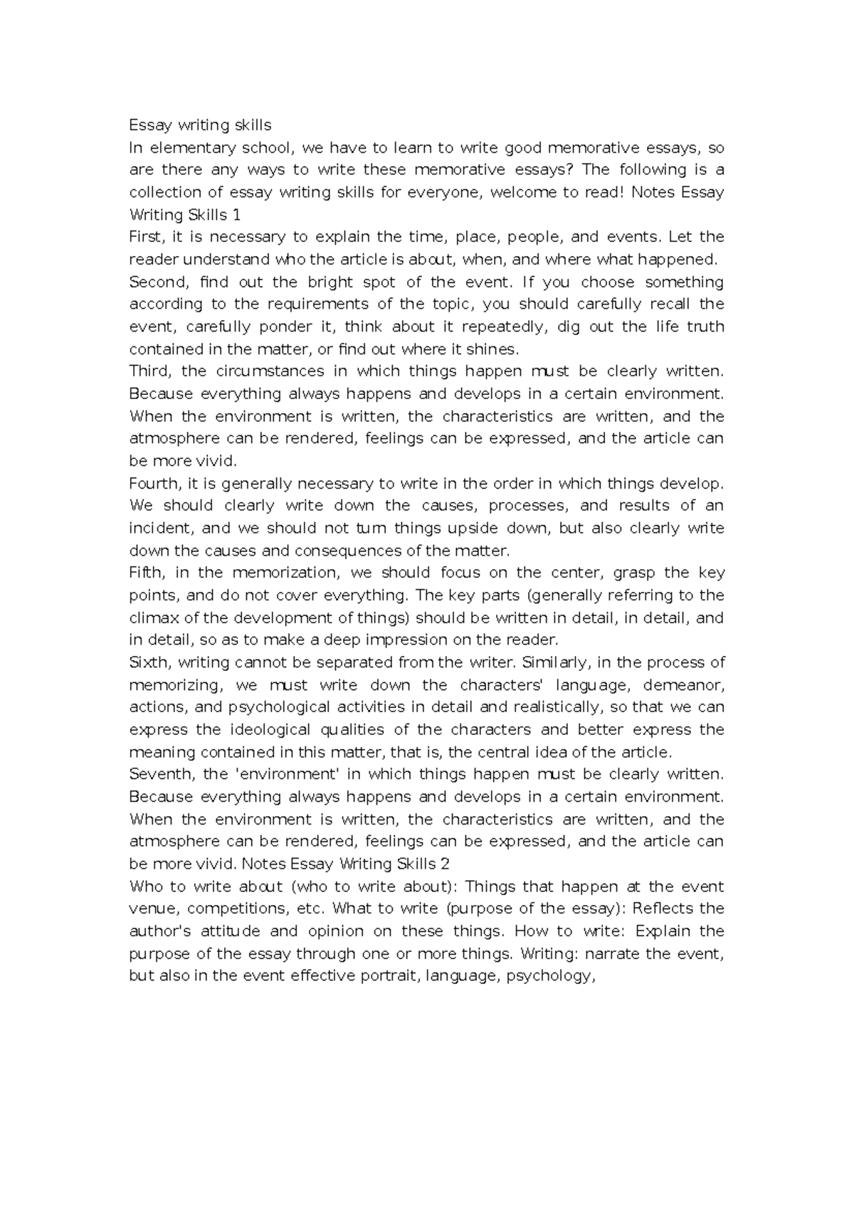 Essay Writing Skills for Elementary School Students - Studocu