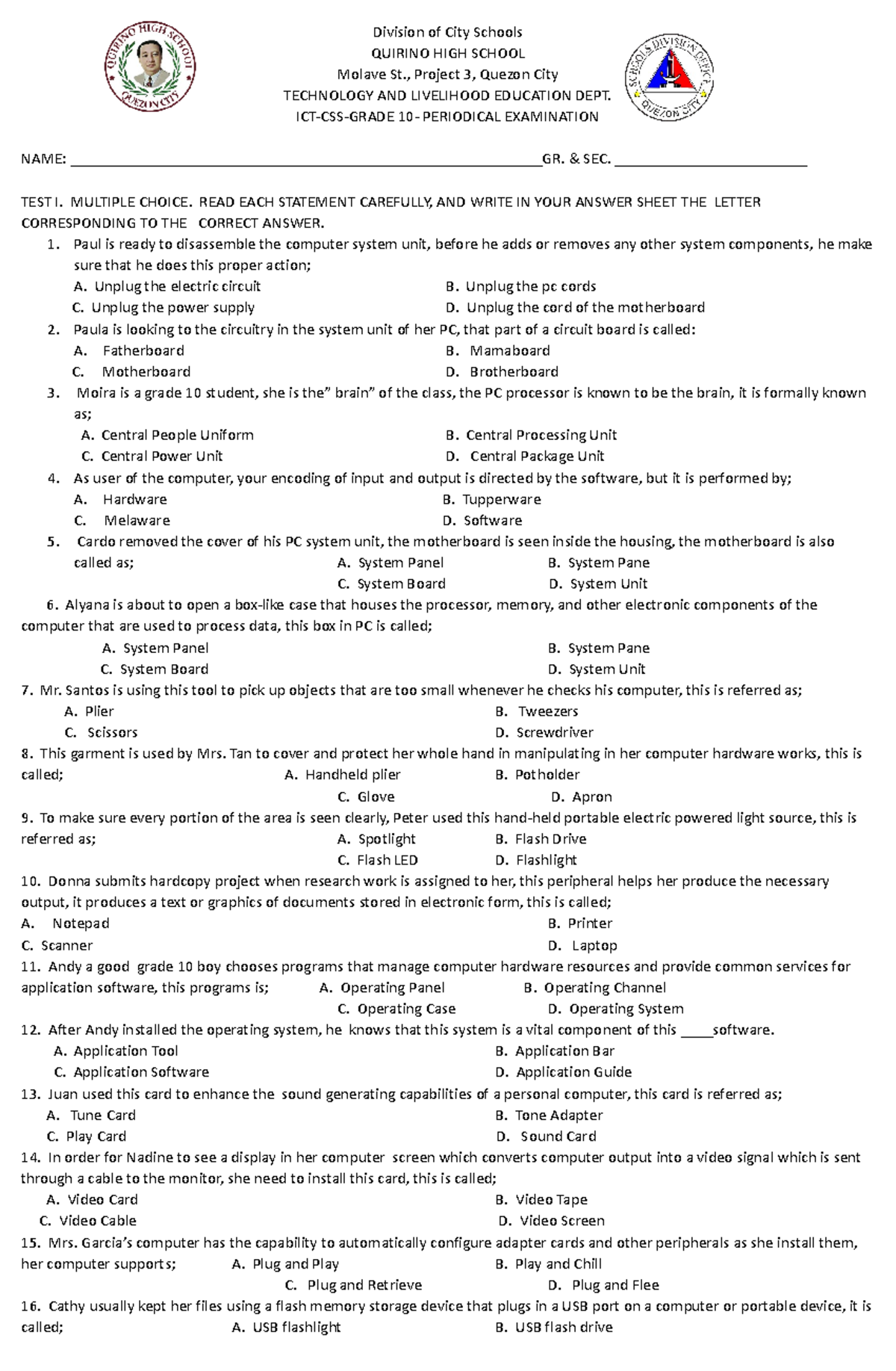 1st pt css grade 10 - information communication technology - Division ...