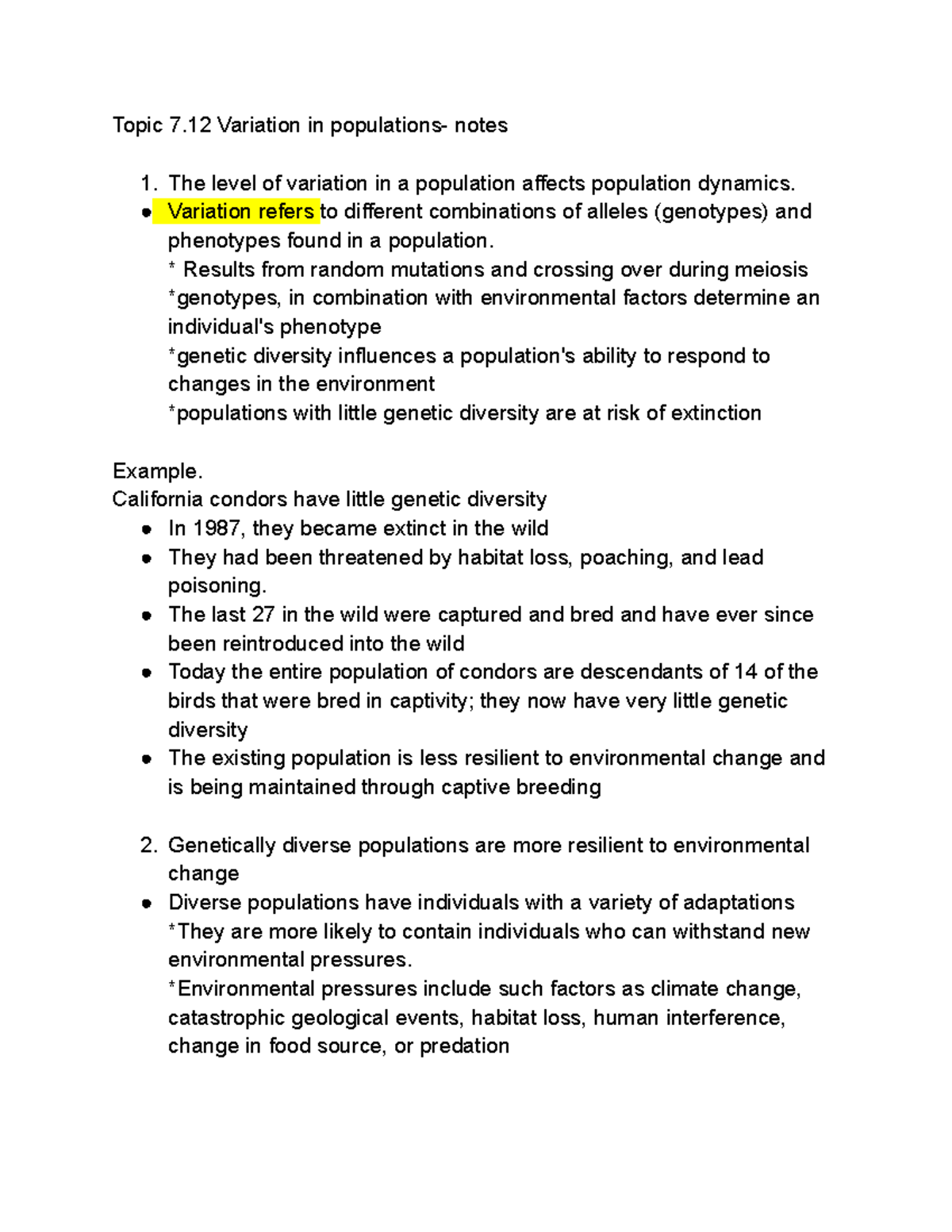 7.12 Notes - Topic 7 Variation in populations- notes The level of ...