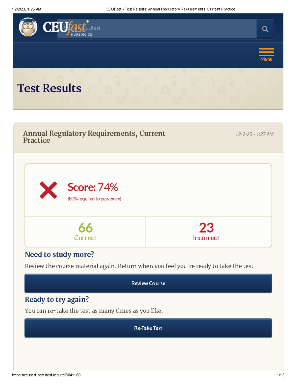 CEUFast - Test Results Annual Regulatory Requirements, Current Practice ...
