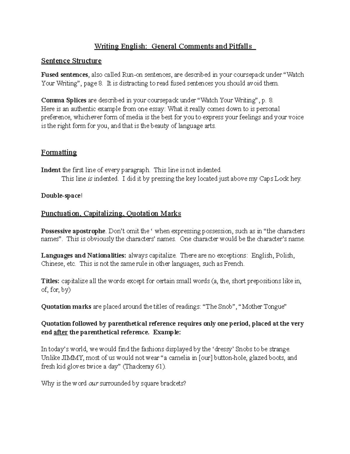 Writing Reminders English - Writing English: General Comments and ...