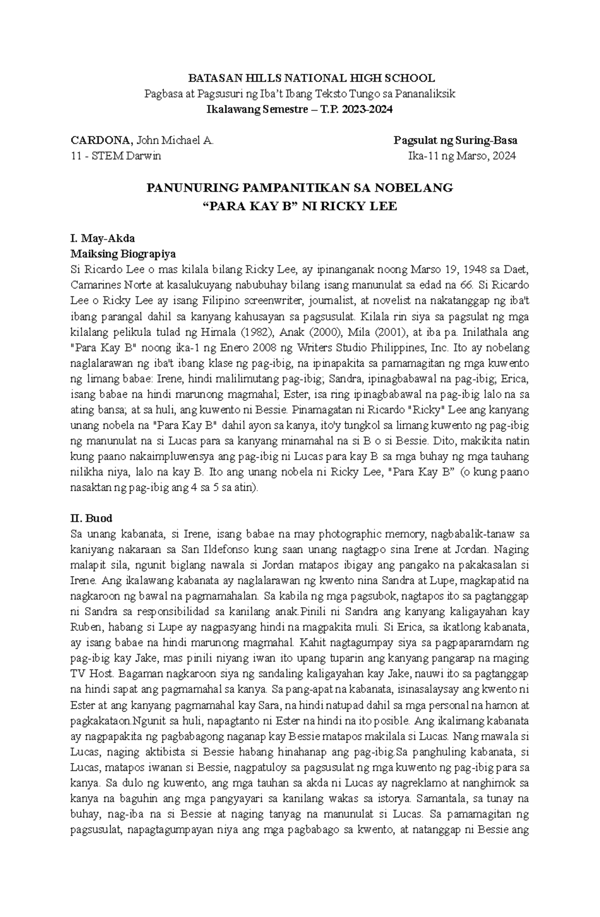 Suring BASA PARA KAY B Cardona 5 finale - BATASAN HILLS NATIONAL HIGH ...