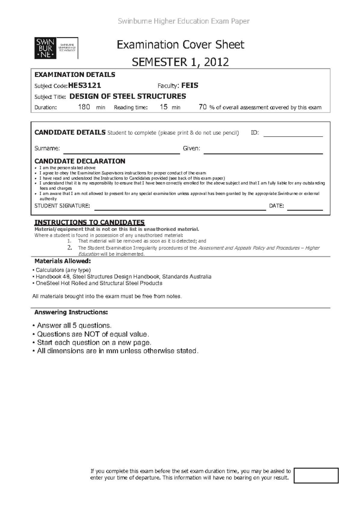 Exam 2012, questions - Semester 1 - Swinburne Higher Education Exam ...