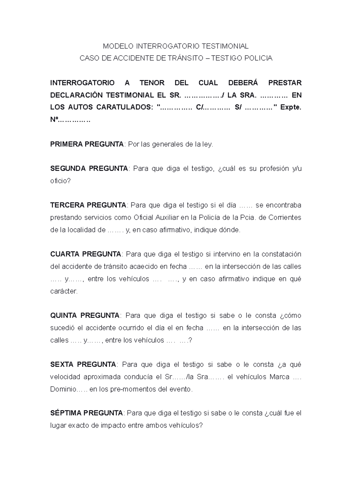 18.2 Interrogatorio testimonial - caso de accidente de tránsito ...