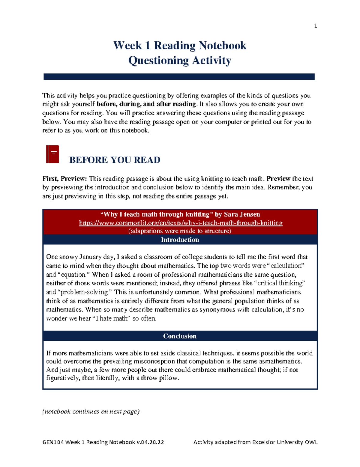 Week 1 Reading Notebook NEW 04.20.22 - Week 1 Reading Notebook Questioning Activity This ...