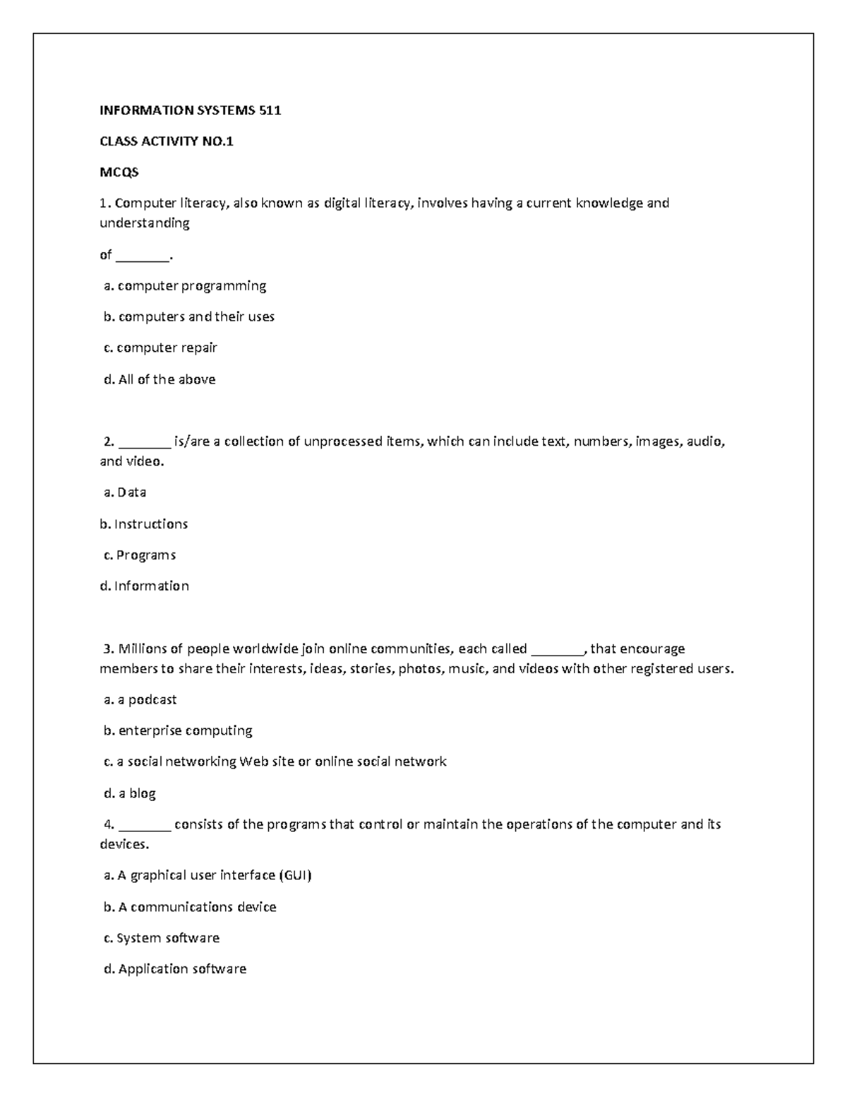 Information Systems 511 Class Activity NO - INFORMATION SYSTEMS 511 ...