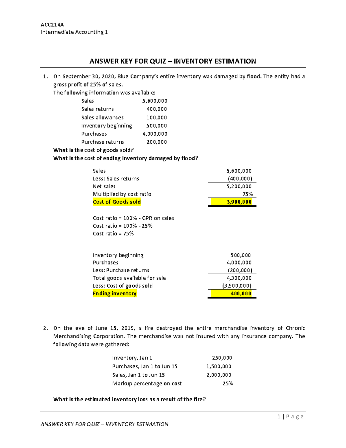 Auditing Practice Sets - Intermediate Accounting 1 1 | P a g e ANSWER ...