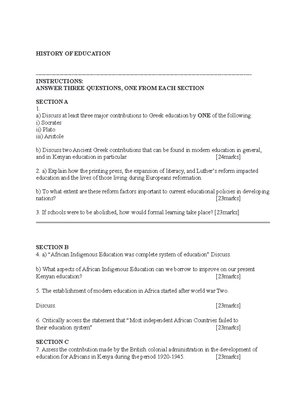 History of Education Revision Questions - HISTORY OF EDUCATION ...