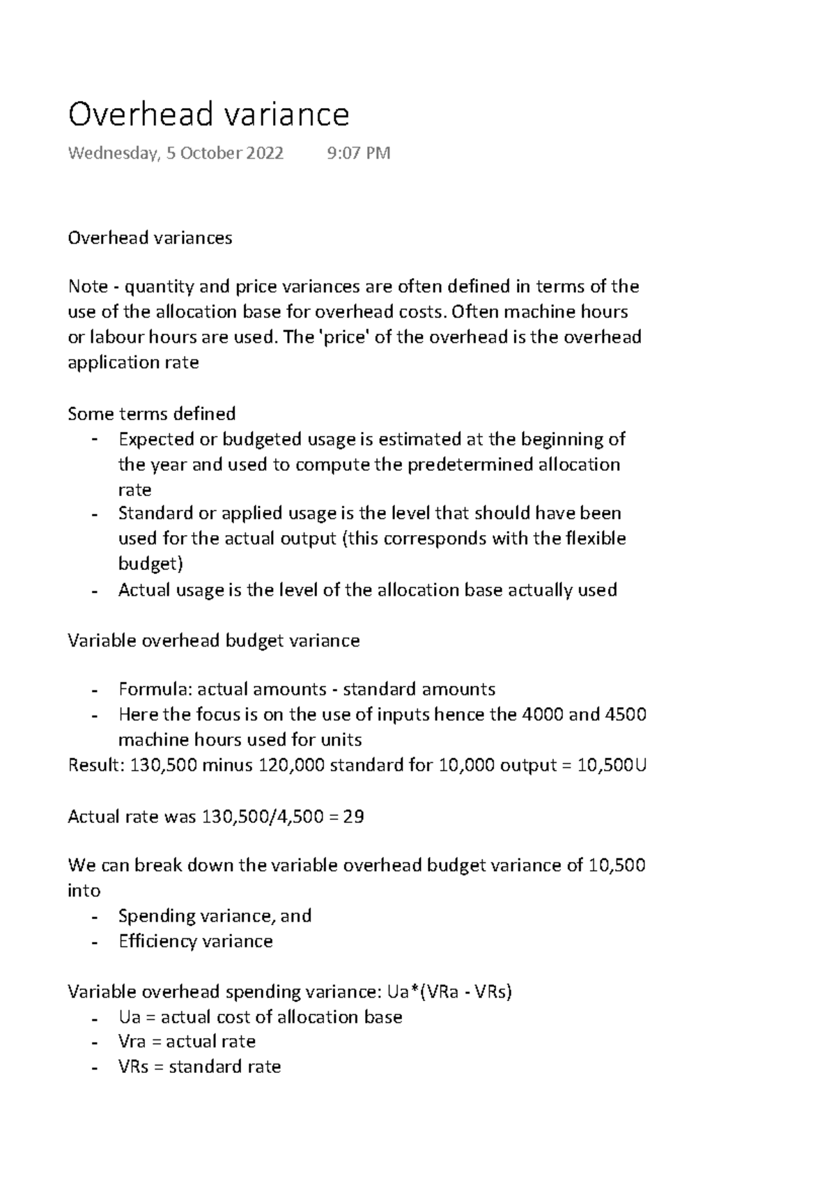 Overhead variance - Overhead variances Note - quantity and price ...
