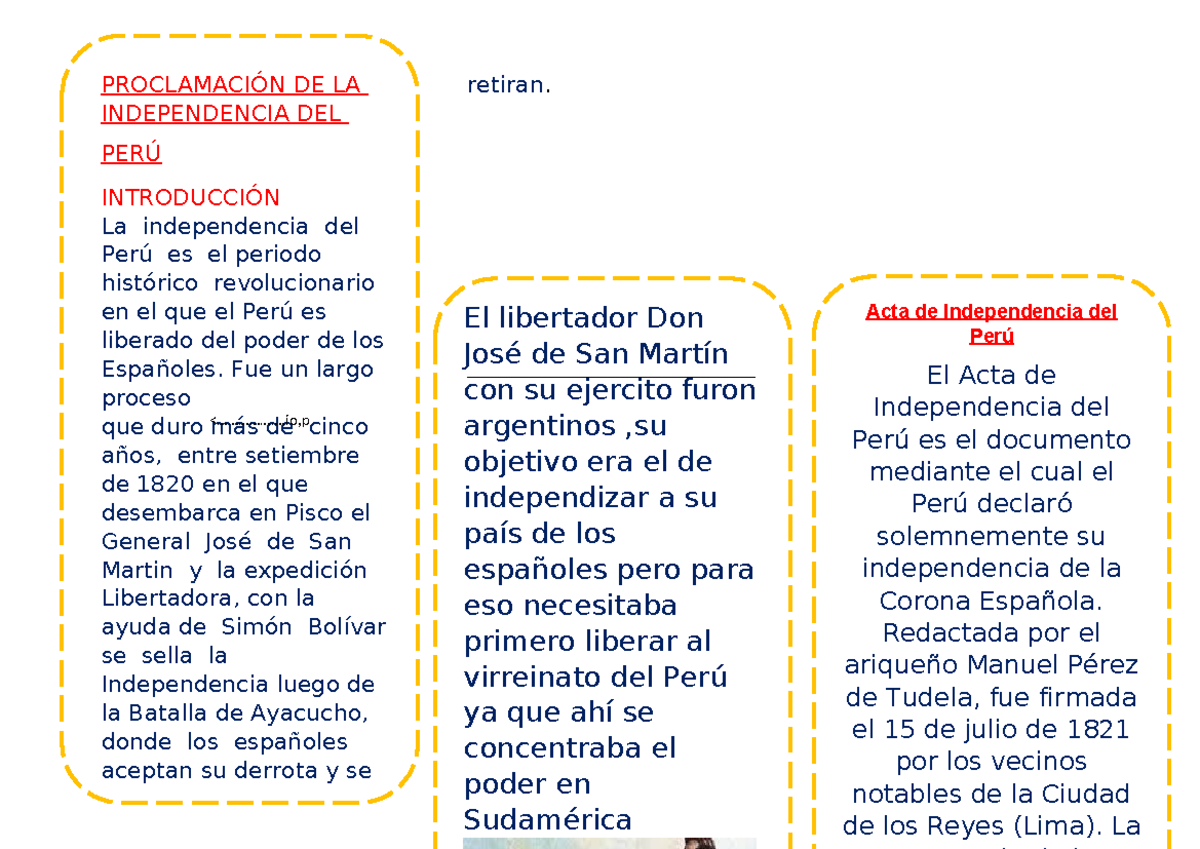 Triptico LA Sangre - PROCLAMACIÓN DE LA INDEPENDENCIA DEL PERÚ INTRODUCCIÓN La independencia del ...