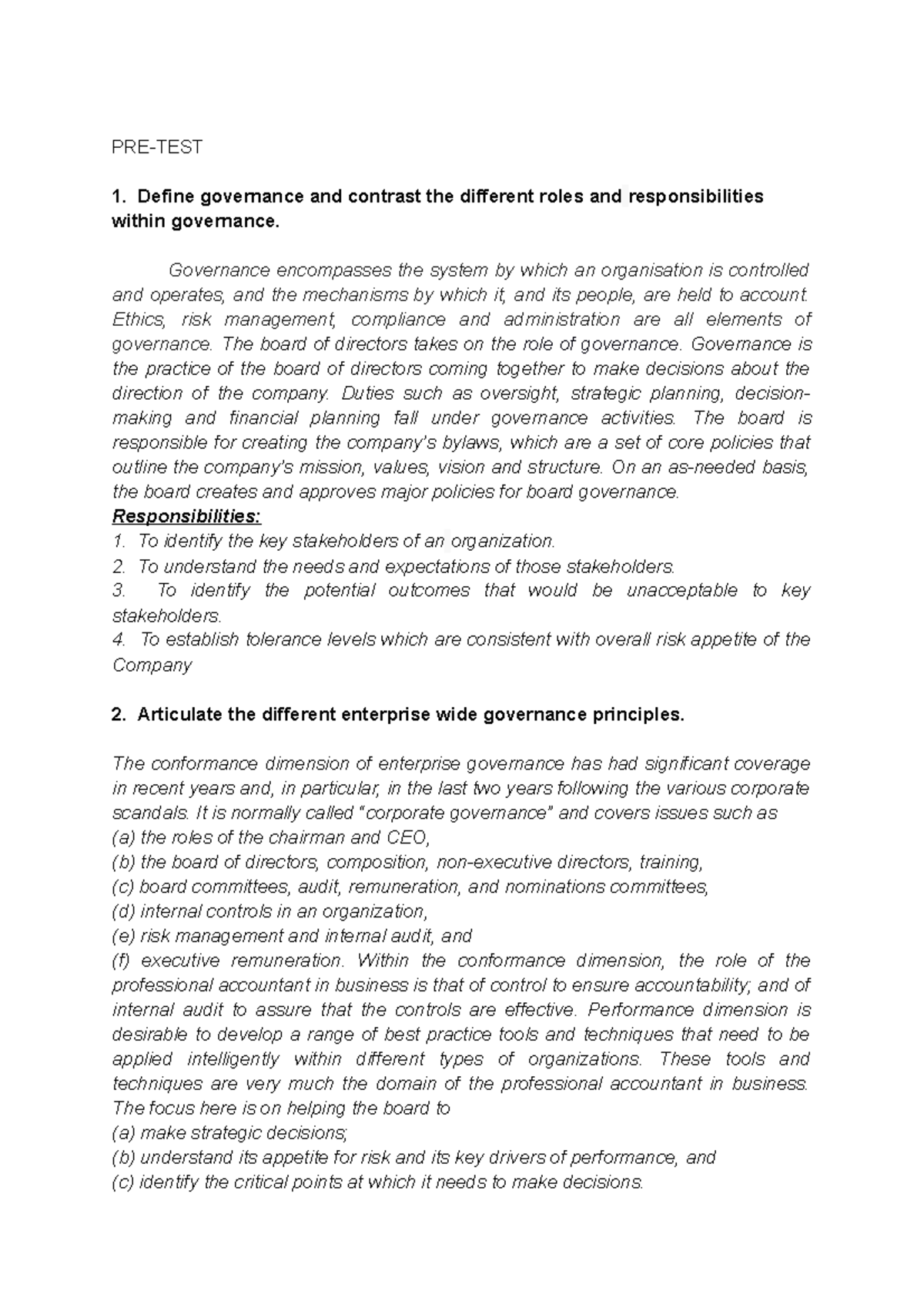 Atelec cm 2 - accountancy actelec - PRE-TEST 1. Define governance and ...