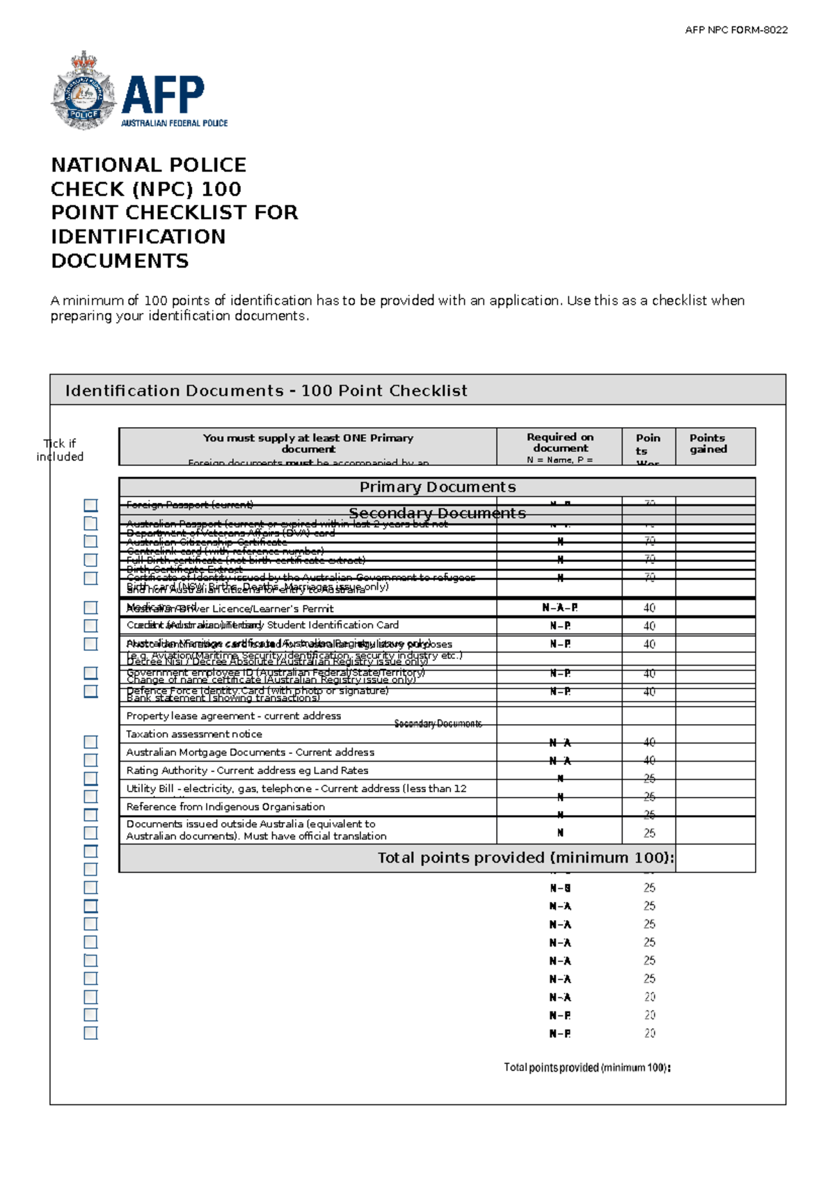 NPC 100Point Checklist 18042019 NATIONAL POLICE CHECK AFP NPC FORM