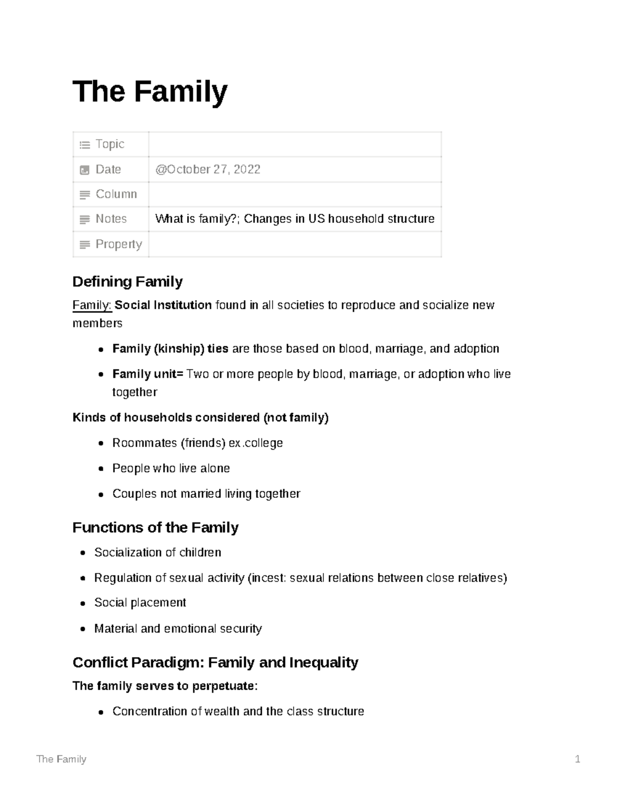 The Family - Notes - The Family 1 The Family Topic Date Column Notes ...