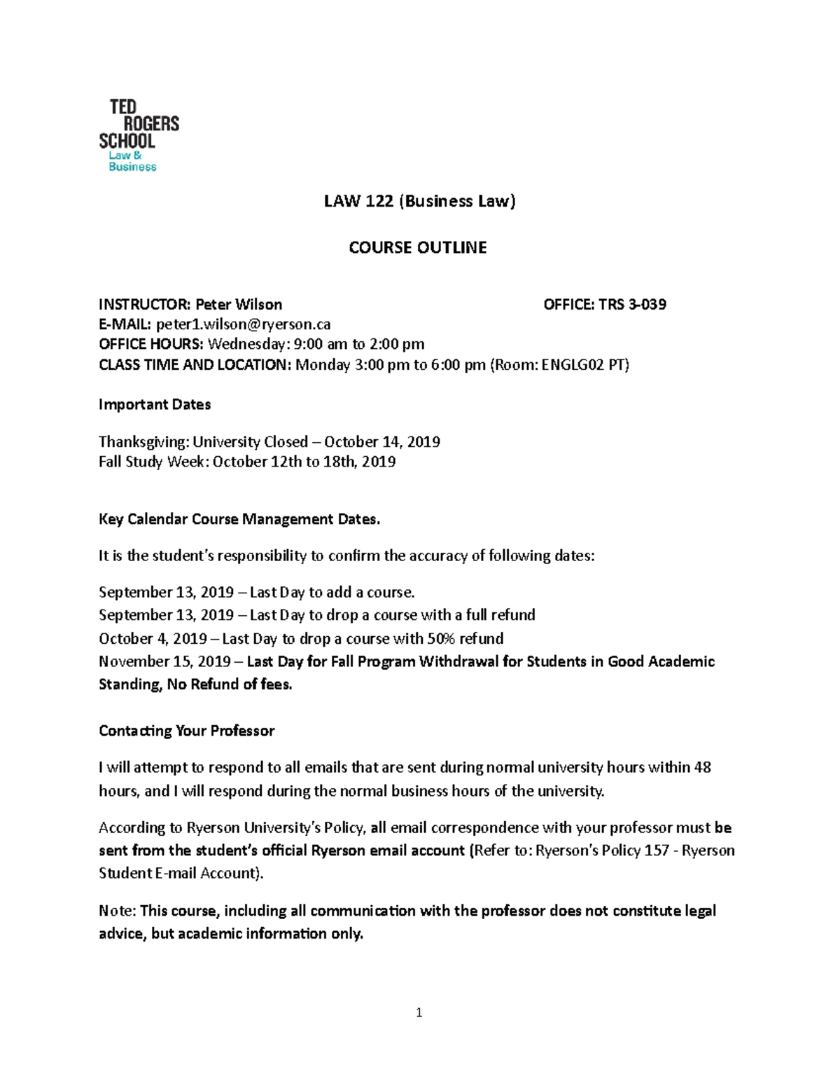 Business Law 122 Course Outline Fall 2019 (Monday) - LAW 122 ( Business ...