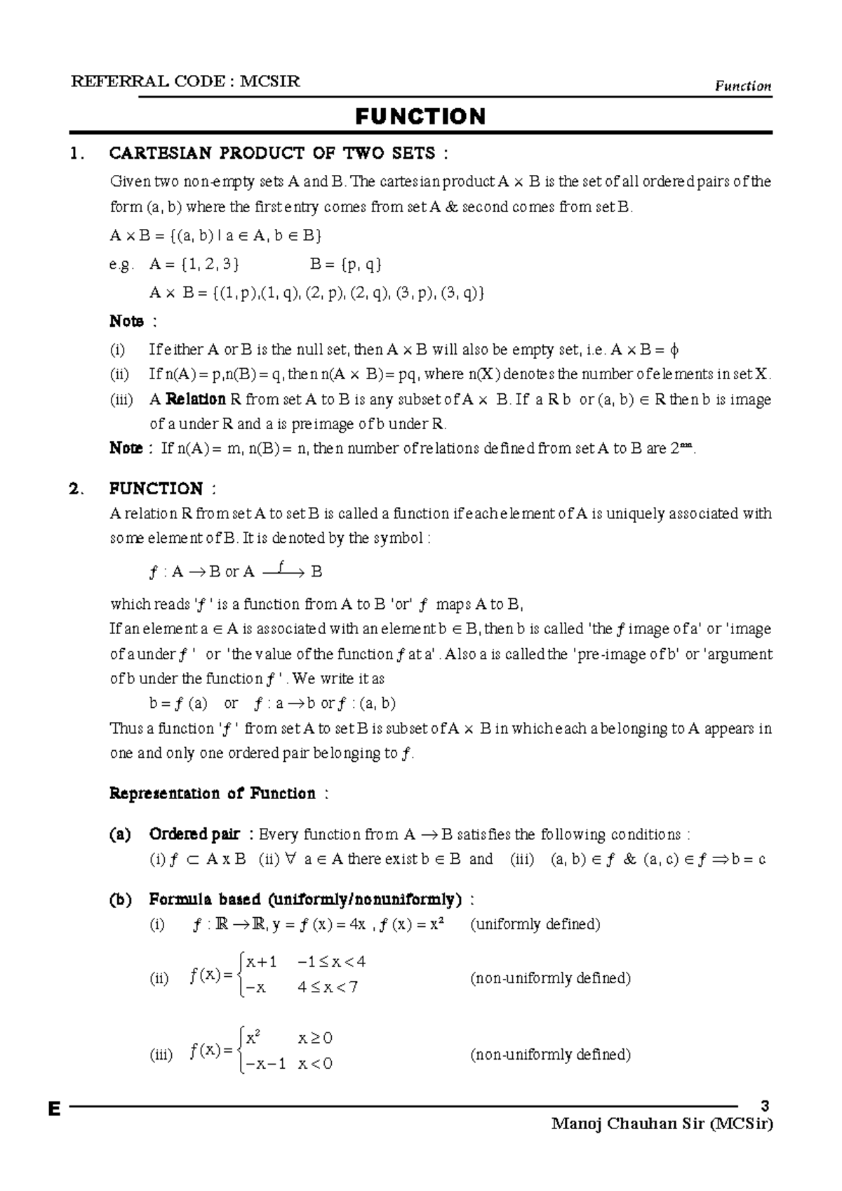 Function - Function E 3 FUNCTION CARTESIAN PRODUCT OF TWO SETS : Given ...