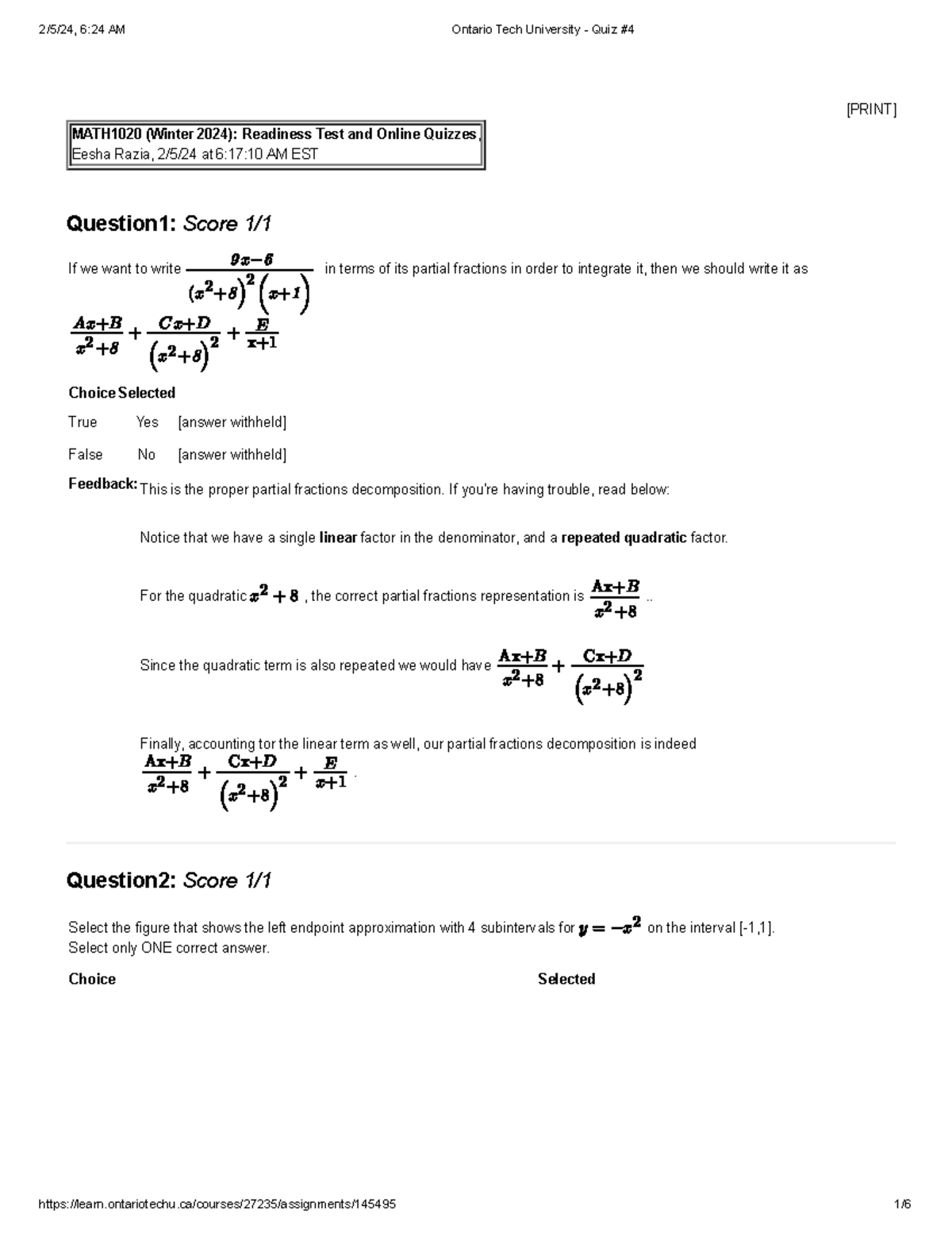 Quiz 4 cut off midterm - Mobius quiz - [PRINT] MATH1020 (Winter 2024 ...
