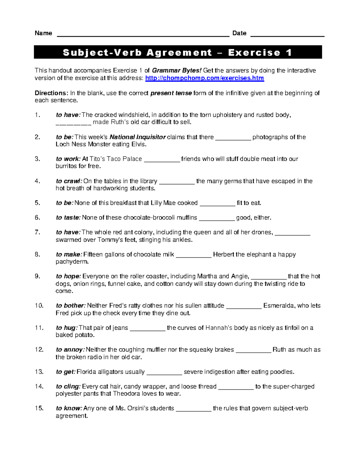 Subject verb agreement exercise Byte - Name Date S u b j e c t - V e r ...