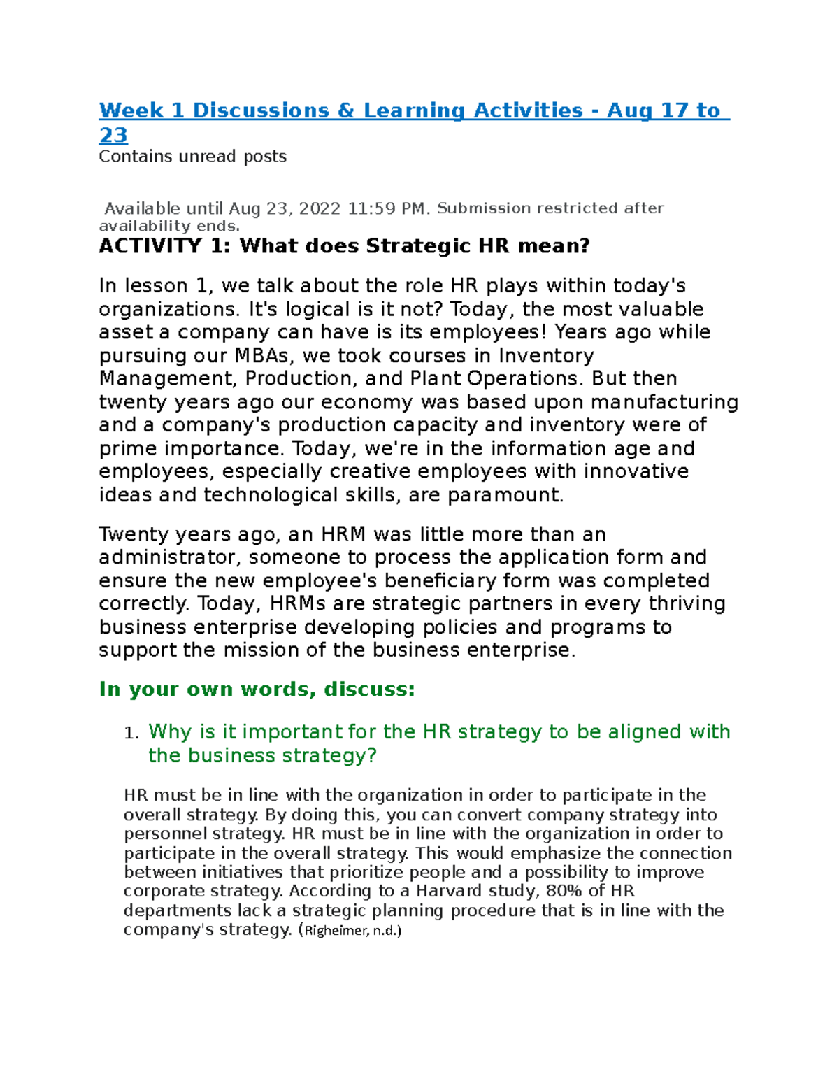 Week 1 Discussion - Week 1 Discussions & Learning Activities - Aug 17 ...