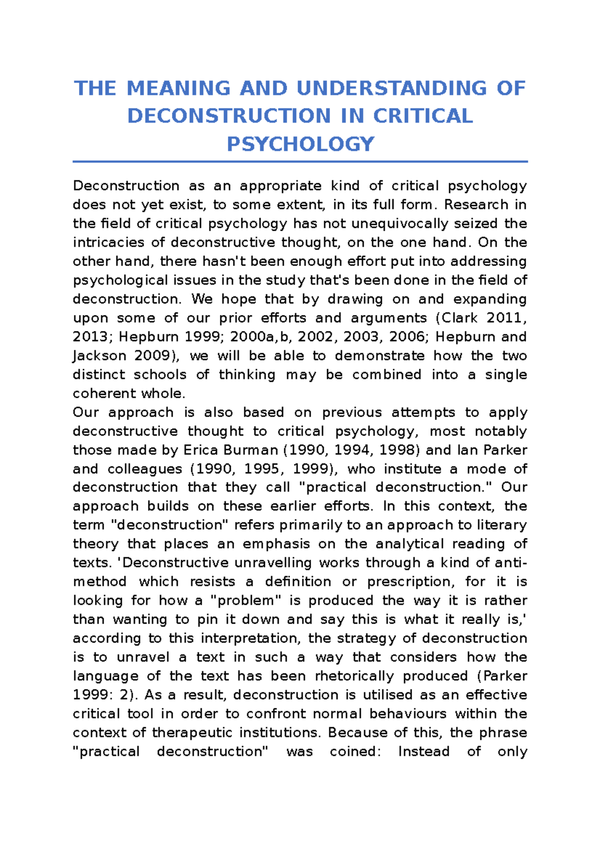 THE Meaning AND Understanding OF Deconstruction IN Critical Psychology ...