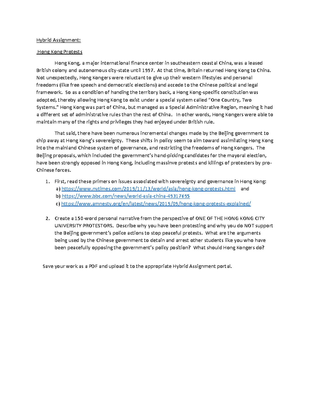 HONG KONG Protests - Hybrid Assignment: Hong Kong Protests Hong Kong, a ...