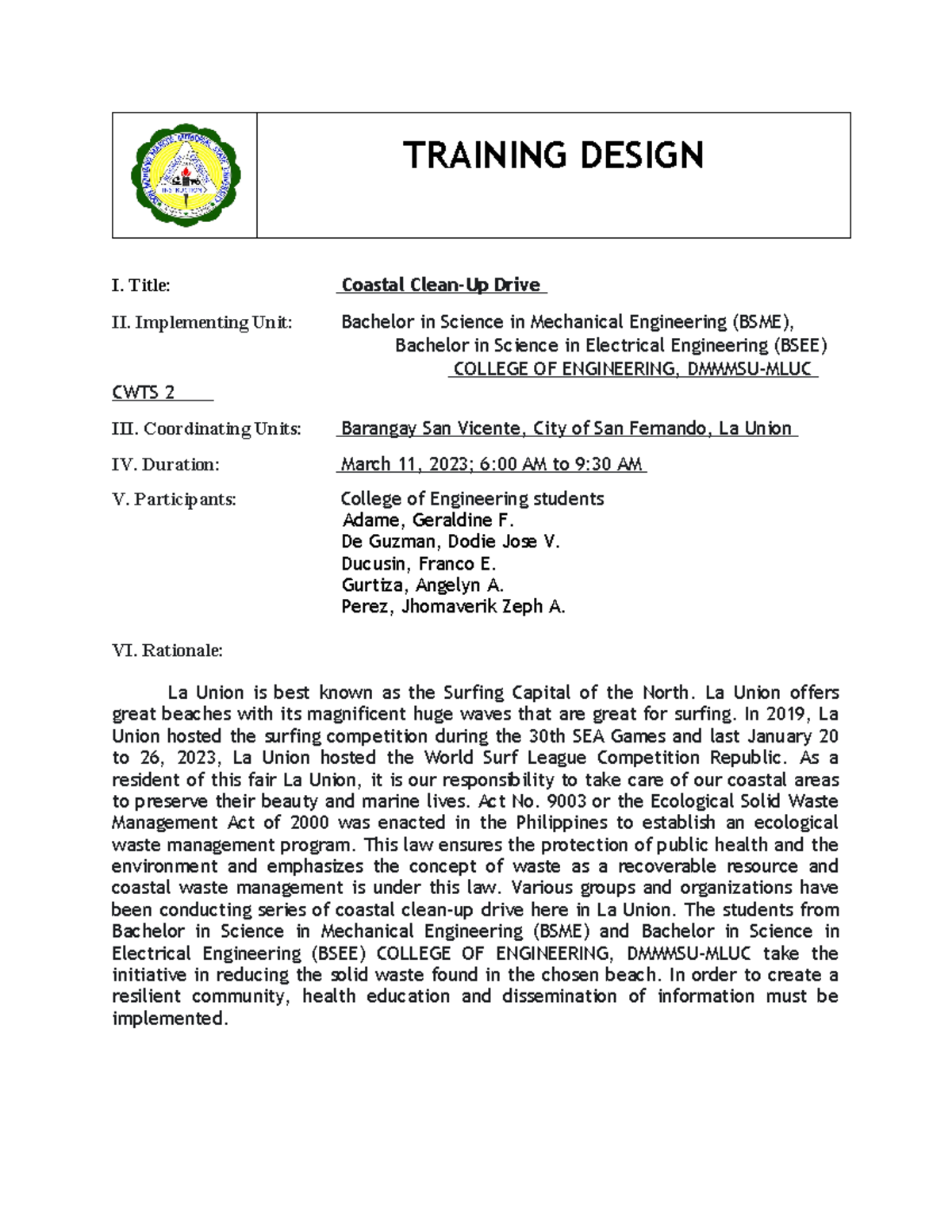 Training Design ( Clean-UP Drive) - TRAINING DESIGN I. Title: Coastal ...