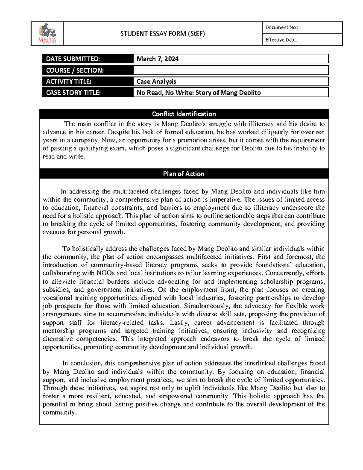 Essay - STUDENT ESSAY FORM (StEF) Document No.: Effective Date: DATE ...