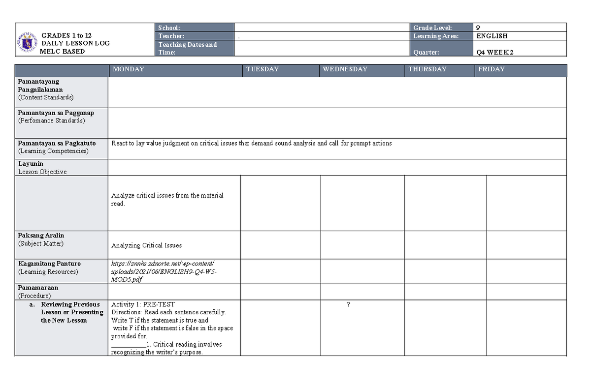 MELC DLL ENG 9 WEEK 2 Q4 DONE - GRADES 1 to 12 DAILY LESSON LOG MELC BASED School: Grade Level ...