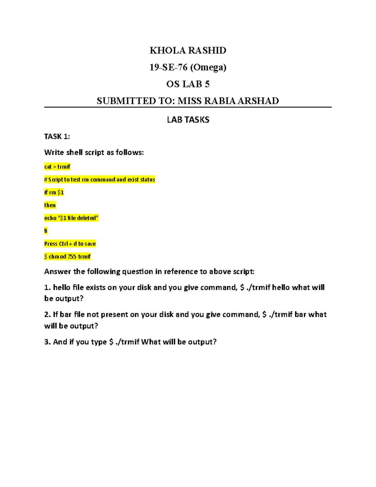 19-SE-76 OS LAB 5 - KHOLA RASHID 19-SE-76 (Omega) OS LAB 5 SUBMITTED TO: MISS RABIA ARSHAD LAB ...