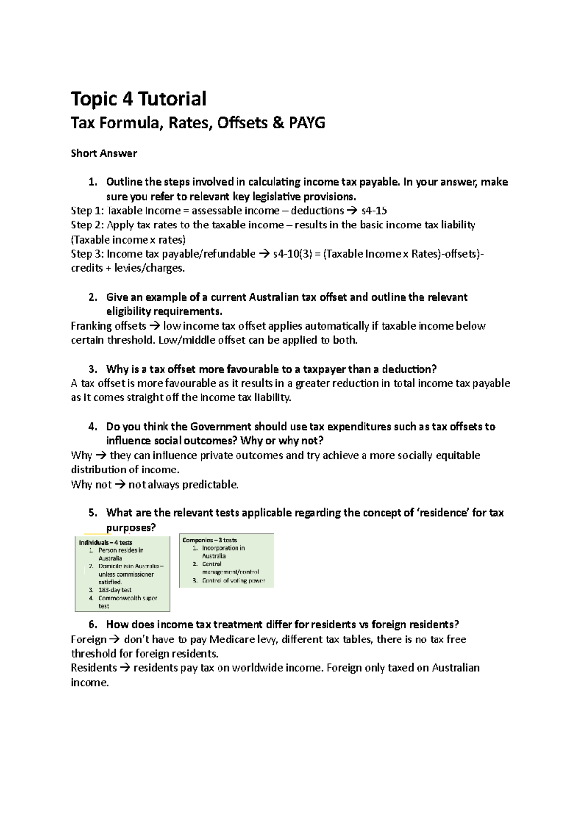 Topic 4 Tutorial (Tax Formula, PAYG, Residency) - Topic 4 Tutorial Tax ...