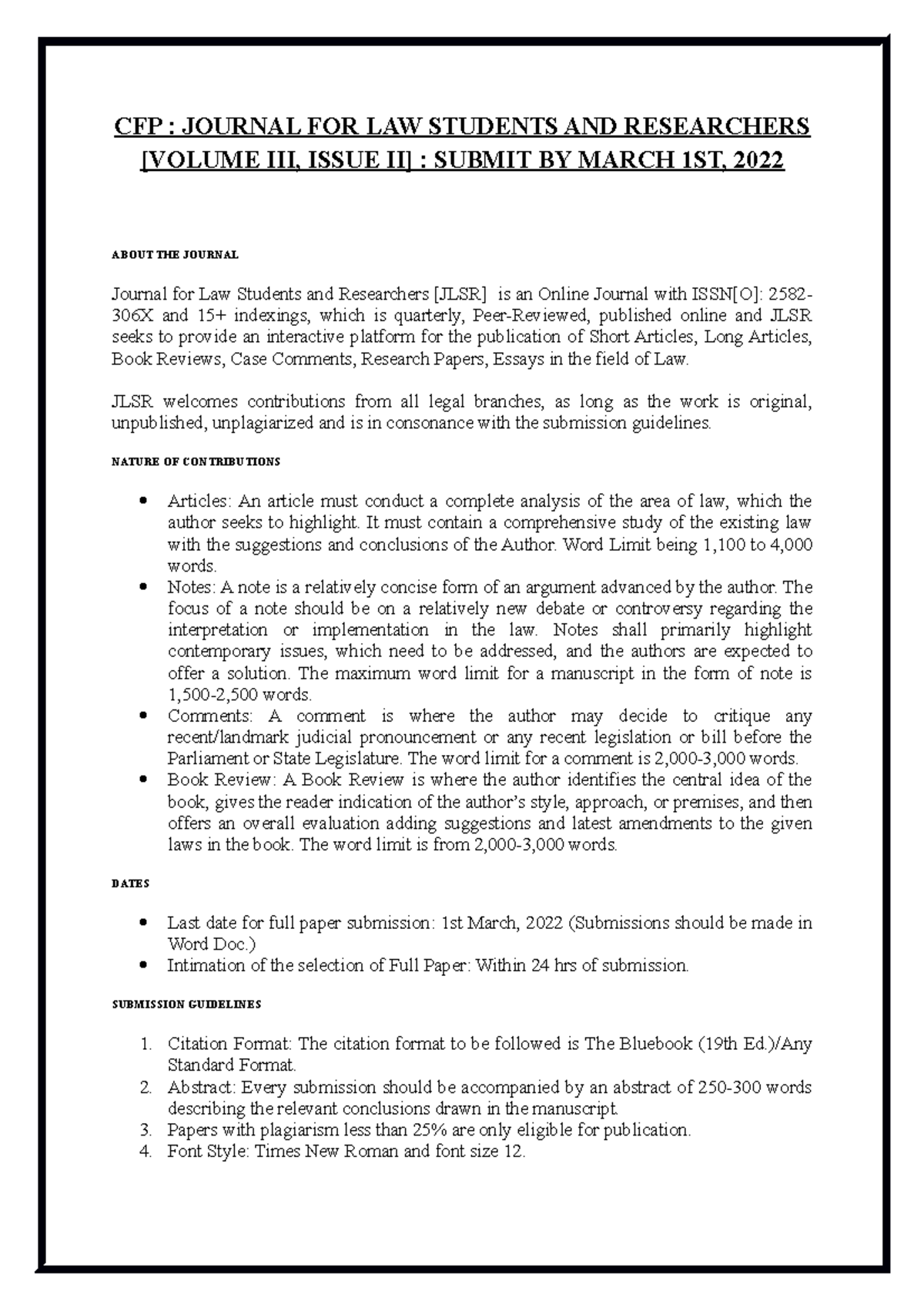 CFP BY JLSR advertisement post name sake - CFP : JOURNAL FOR LAW ...